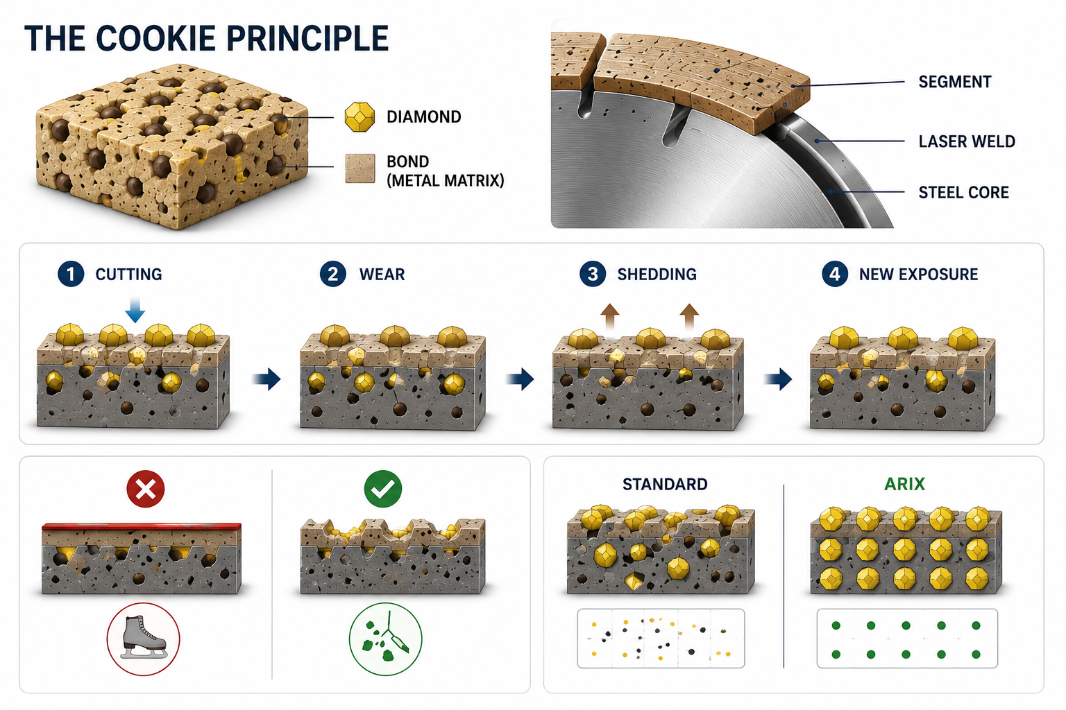 金刚石锯片刀头工作原理：Cookie Principle、自磨锐循环和 Arix 有序排列